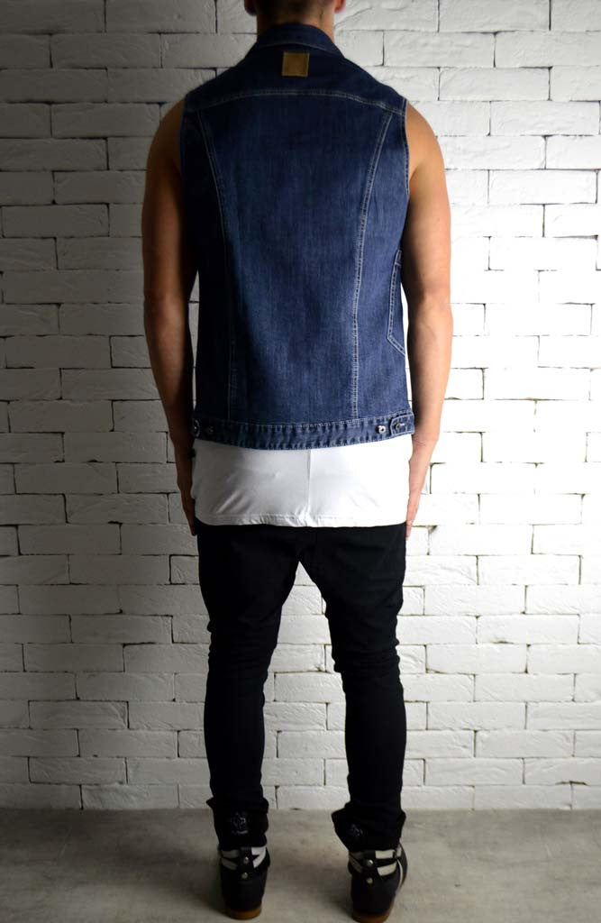 Blue Denim Biker Sleeveless Shirt | Cut Off Jacket | ETTO Boutique